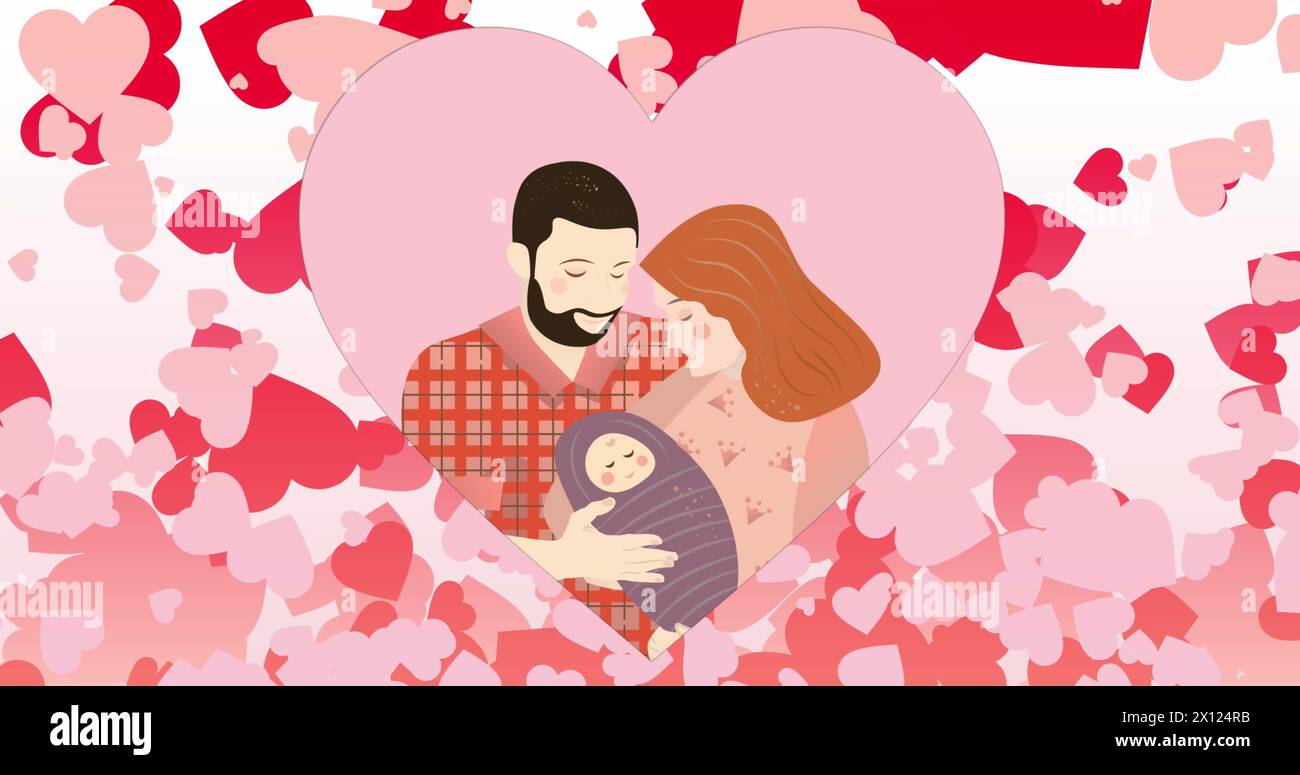 Image of multiple hearts over happy family with baby on white ...