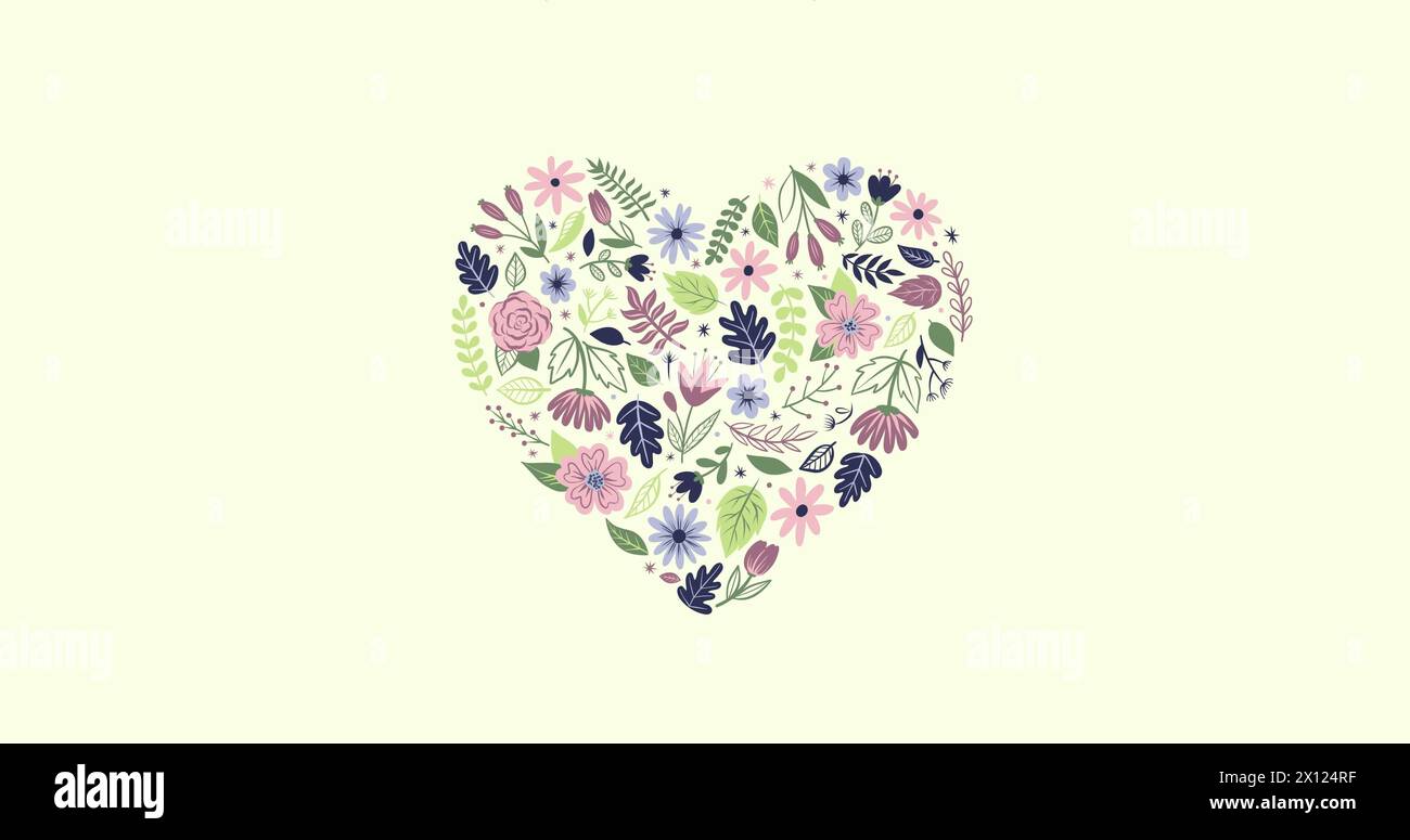 Image of flowers falling over hearts of flowers on beige background ...