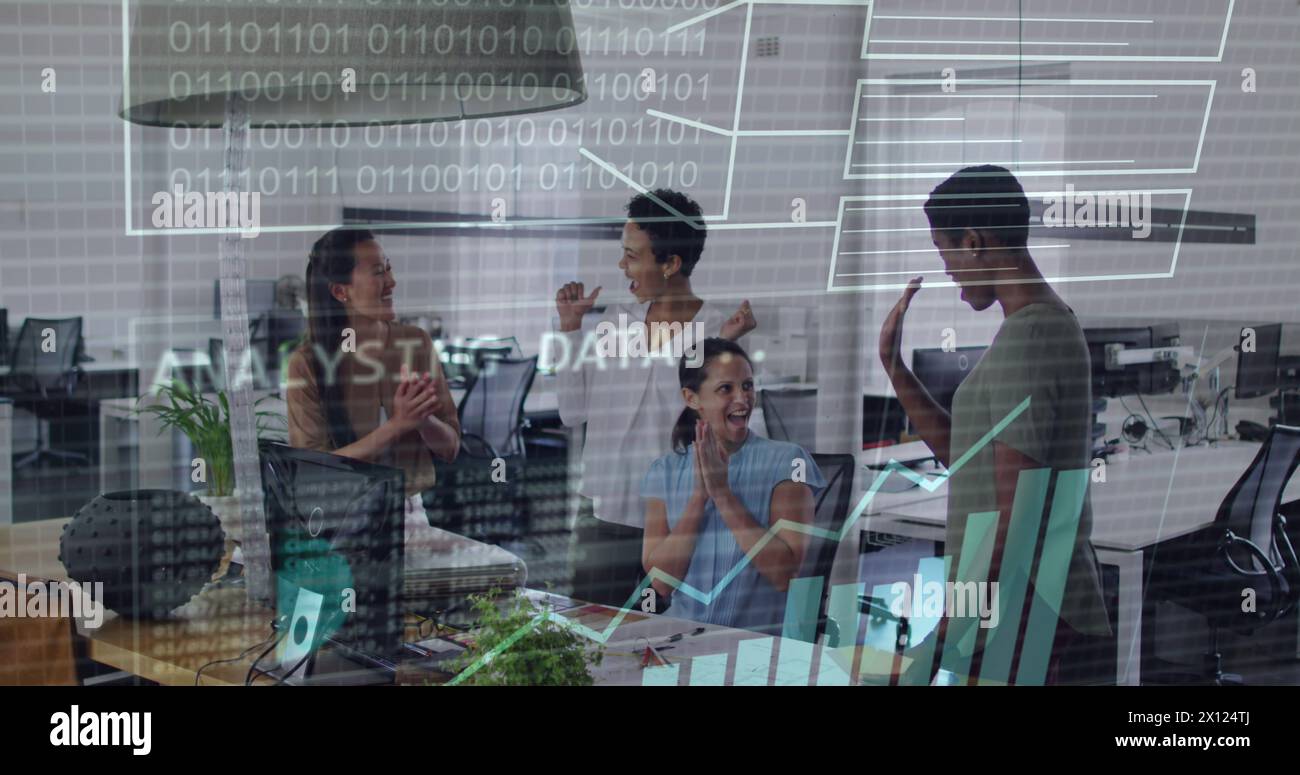 Image of data processing and binary coding over diverse business people talking in office ...