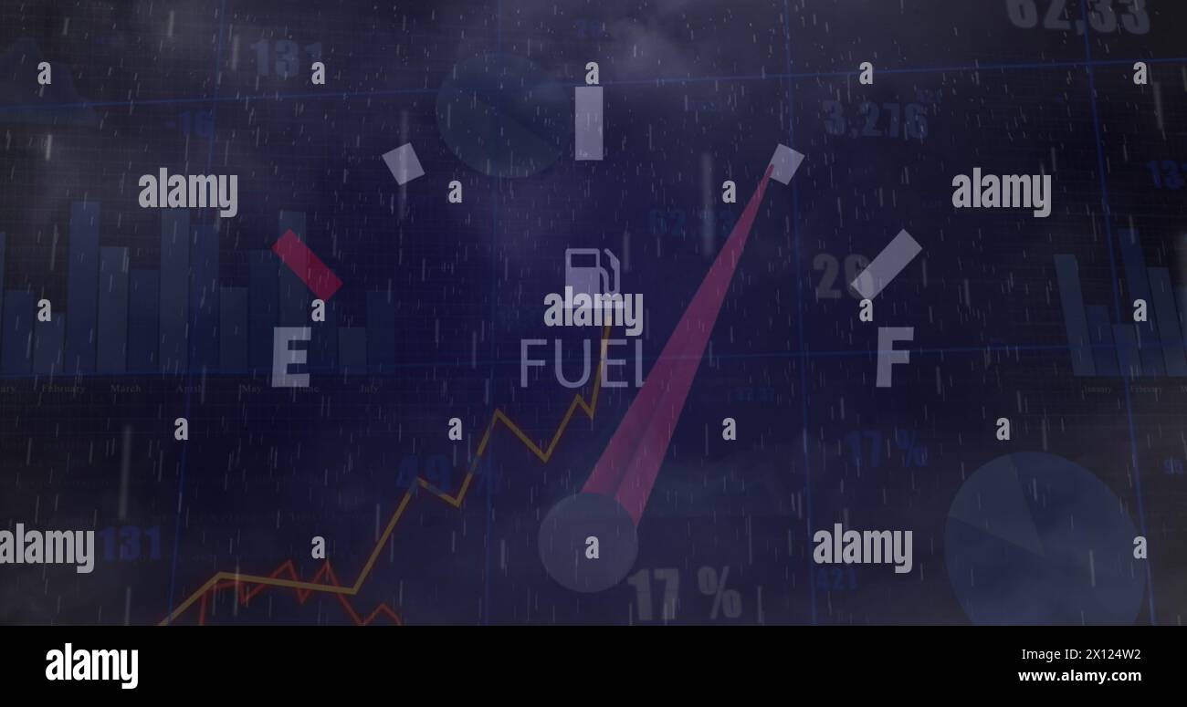 Image Of Speedometer And Statistical Data Processing Against Rain And Clouds In The Sky Stock