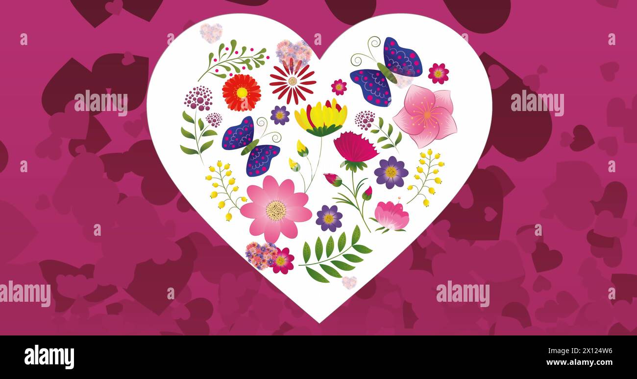 Image of multiple hearts over heart with flowers on pink background ...