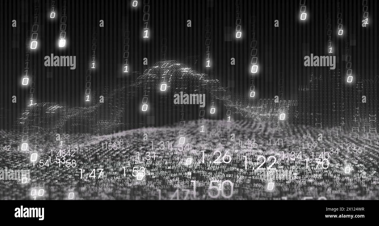 Image of financial data processing and binary coding over black background Stock Photo - Alamy