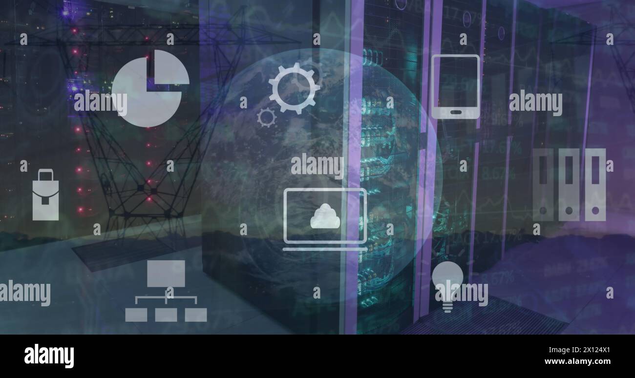 Image of multiple digital icons and globe against computer server room and network towers Stock ...