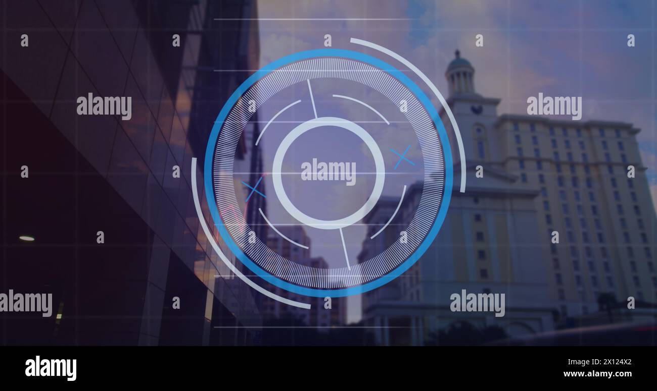 Image of scope scanning and financial data processing over cityscape ...
