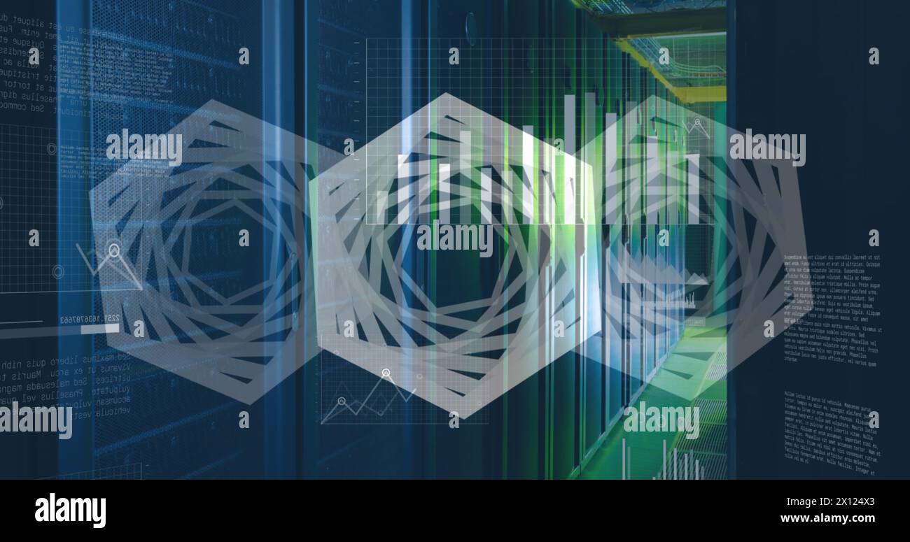 Image Of Hexagonal Shapes And Data Processing Against Computer Server Room Computer Interface