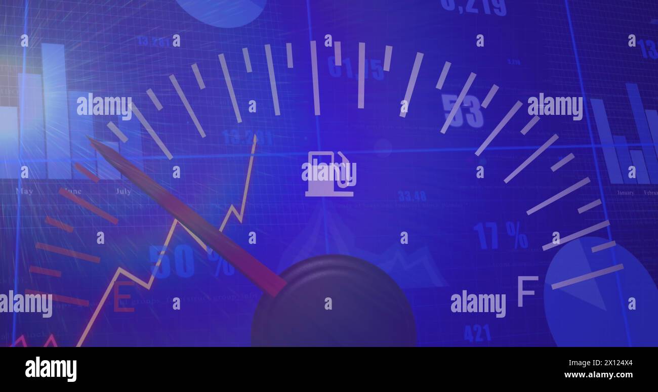 Image Of Speedometer And Statistical Data Processing Against Light Spot On Blue Background Stock