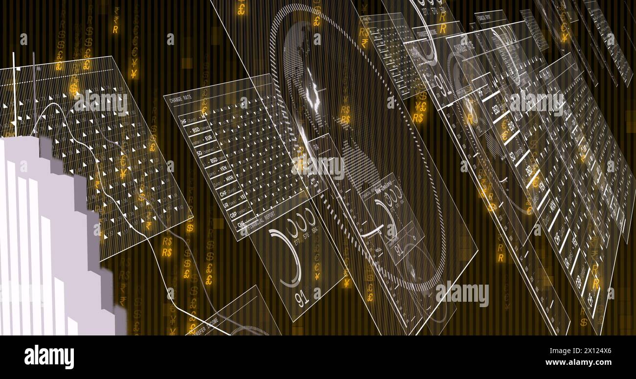 Image of financial data processing and screens over black background. Global business, finances ...