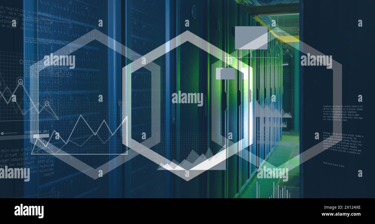 Image Of Hexagonal Shapes And Data Processing Against Computer Server