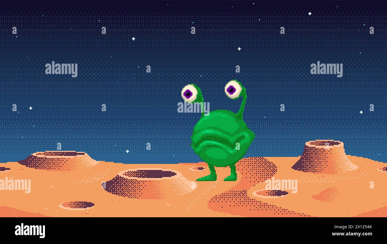 Pixel art of green alien monster standing on a planet surface. Cosmic ...