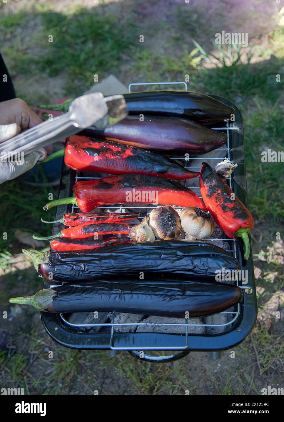 Smoking black mangal barbeque (mangal) with fresh vegetables. garlic ...