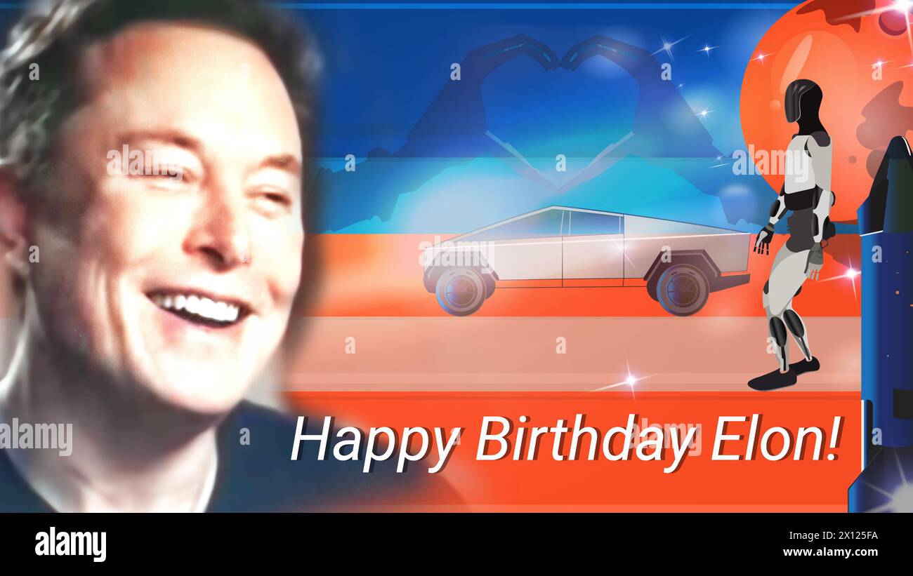 Portrait Elon Musk, Tesla Bot, Twitter logo, Tesla Cybertruck. Happy ...