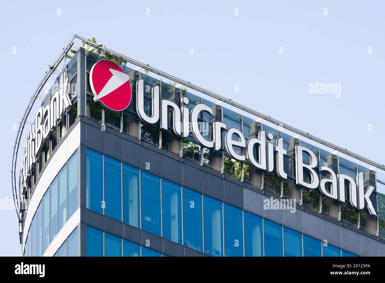 Unicredit Bank head office. Logo sign on the headquarters building ...