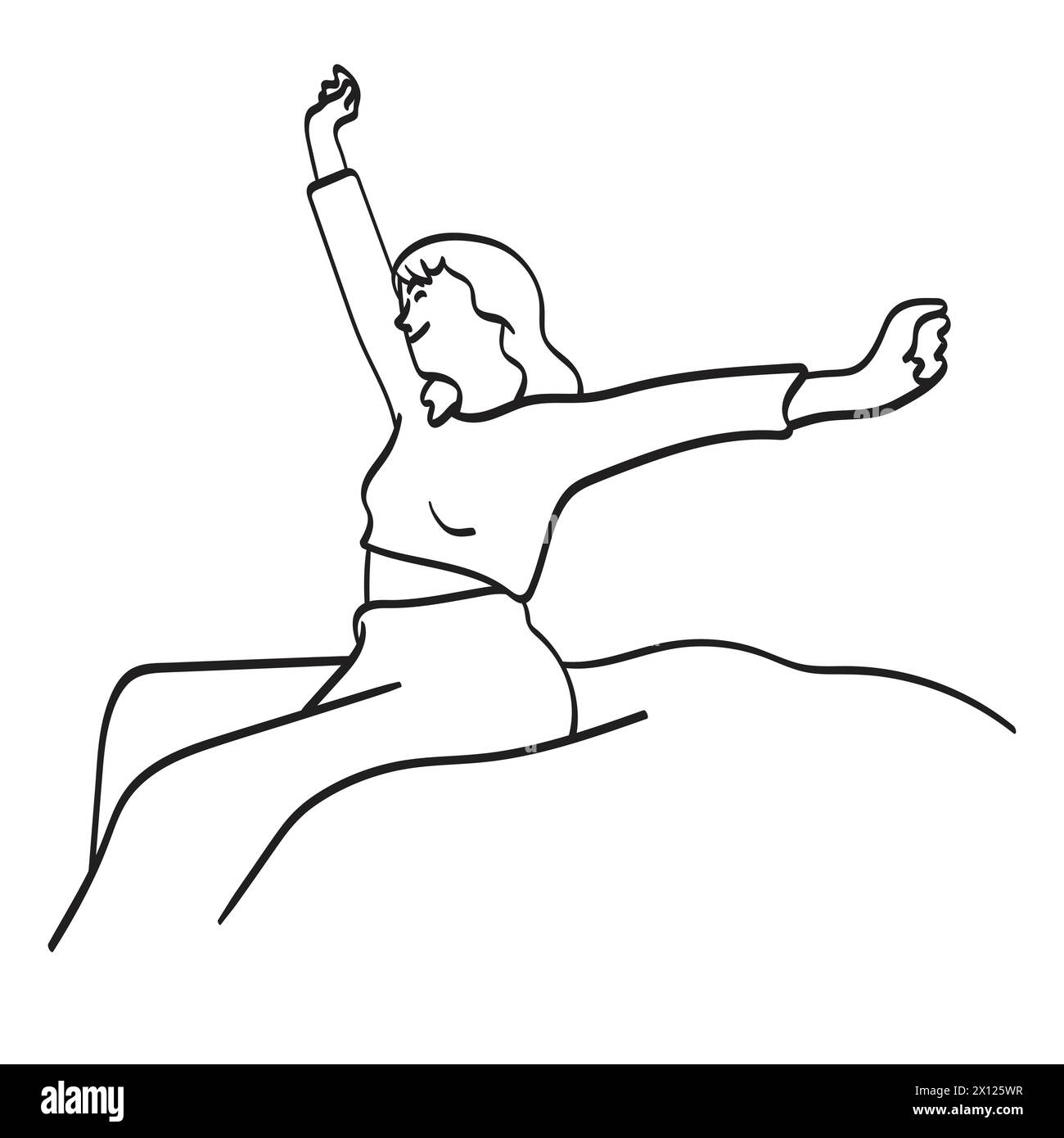 woman who stretching after sleeping in bed illustration vector hand drawn isolated on white ...