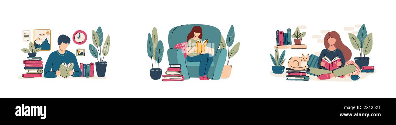 Set of people vector illustrations reading book. Men and women read ...