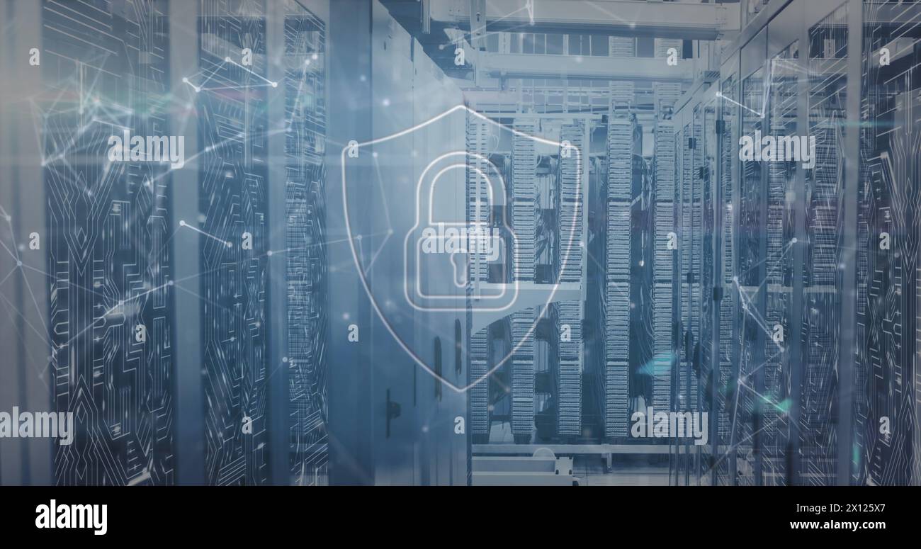 Image of padlock and shield icon with connected dots over data server systems Stock Photo - Alamy