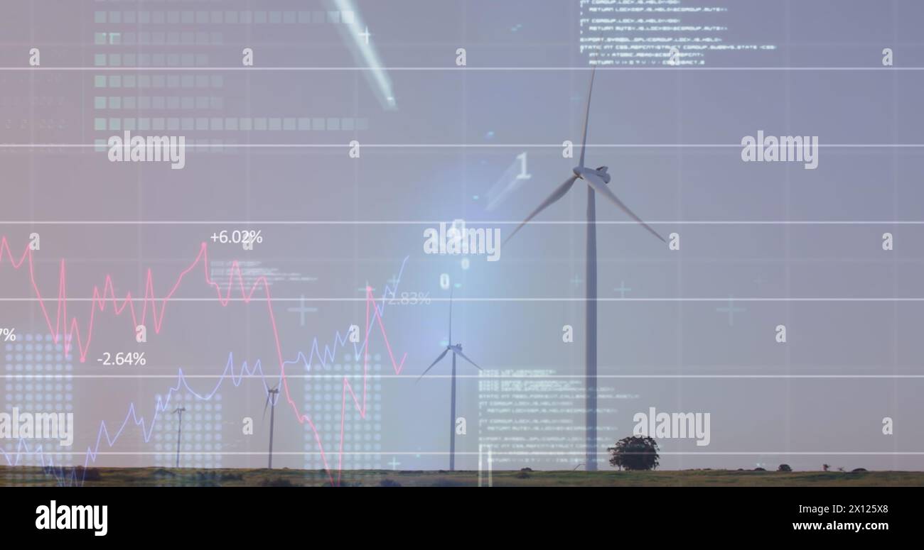 Image of graphs, binary codes and computer language over windmills against sky Stock Photo - Alamy