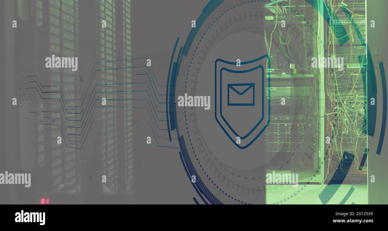 Image of message icon in circle over data server systems Stock Photo - Alamy