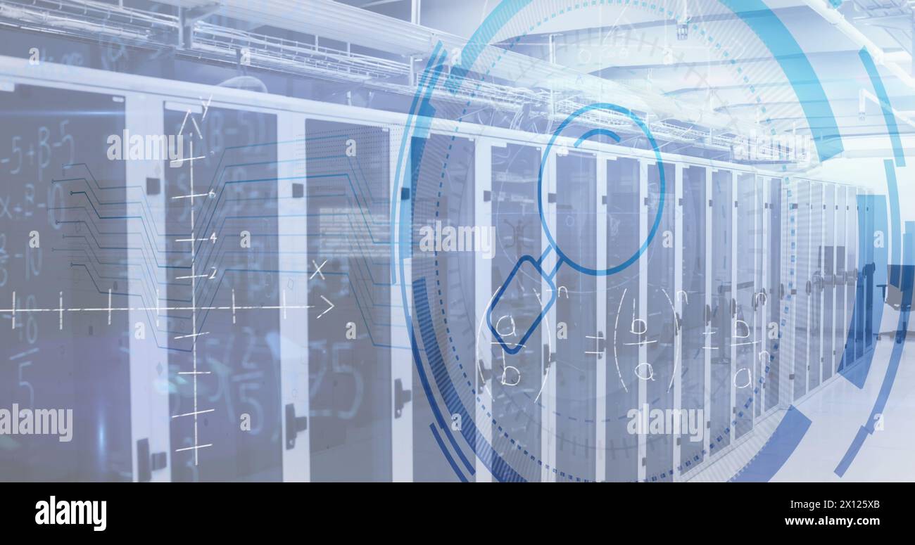 Image of magnifying glass and maths equations over data server systems ...