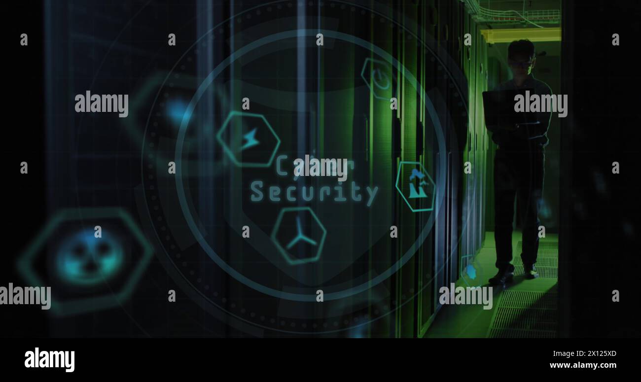 Image of cyber security and padlock with renewable icons over asian man ...