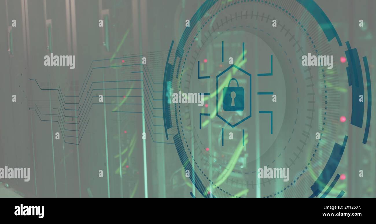 Image of padlock icon in circle over network server systems Stock Photo - Alamy