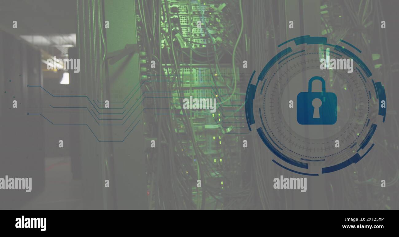 Image of padlock icon in circle over cables of data server systems Stock Photo - Alamy