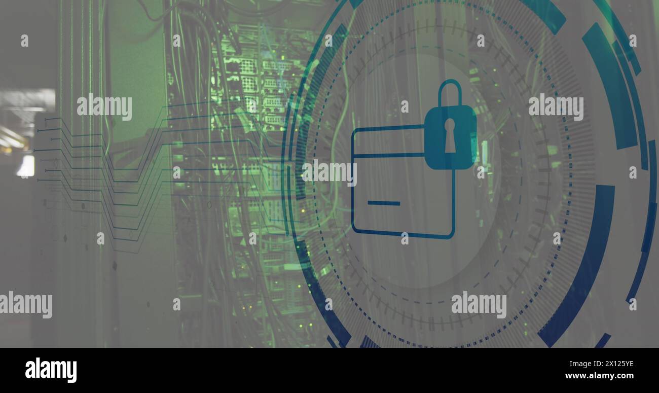 Image of padlock and card icon in circle over network server systems Stock Photo - Alamy