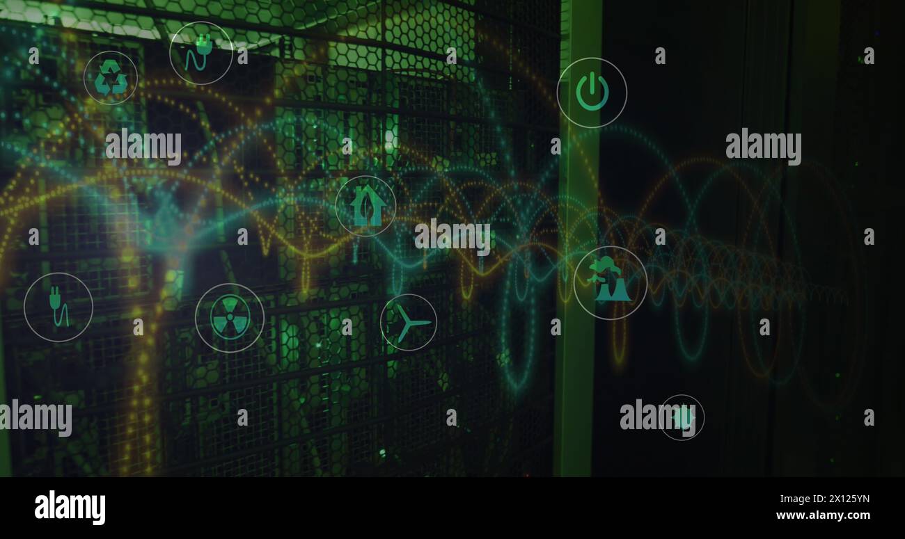 Image of application icons and spiral pattern over data server systems in room Stock Photo - Alamy