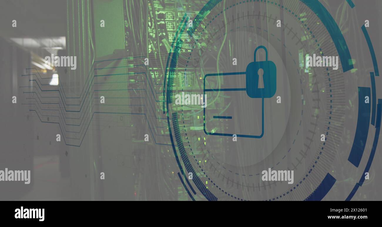 Image of padlock and card icon in circle over network server systems Stock Photo - Alamy