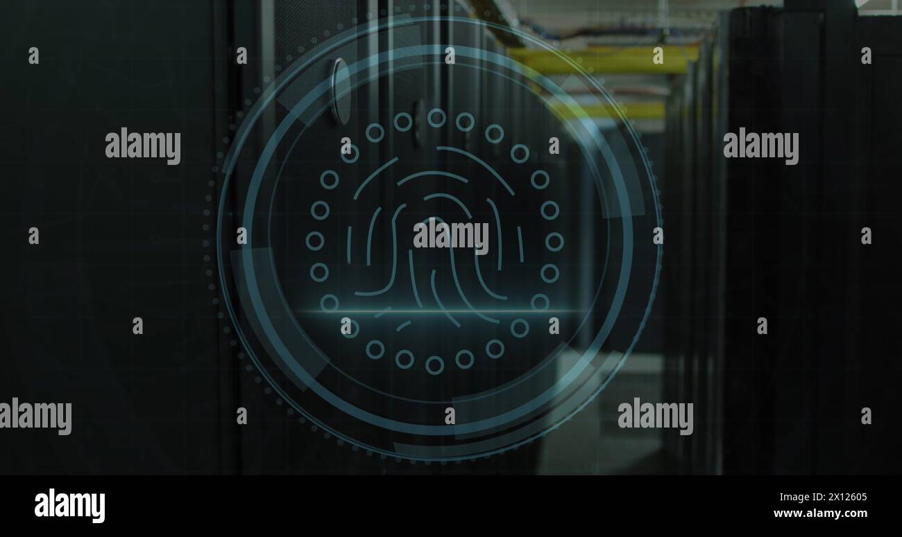 Image of fingerprint icon and cyber security over data server rooms ...