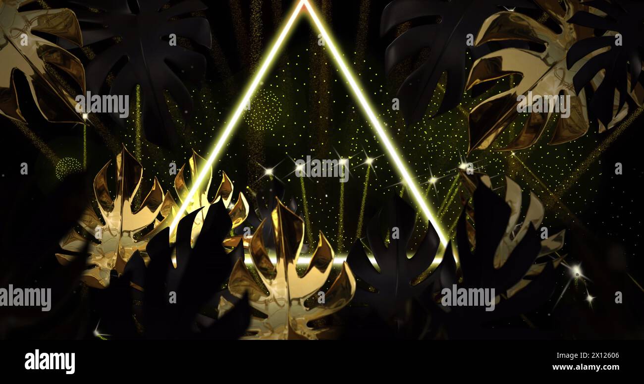 Image of gold leaves and pattern and fireworks on black background ...