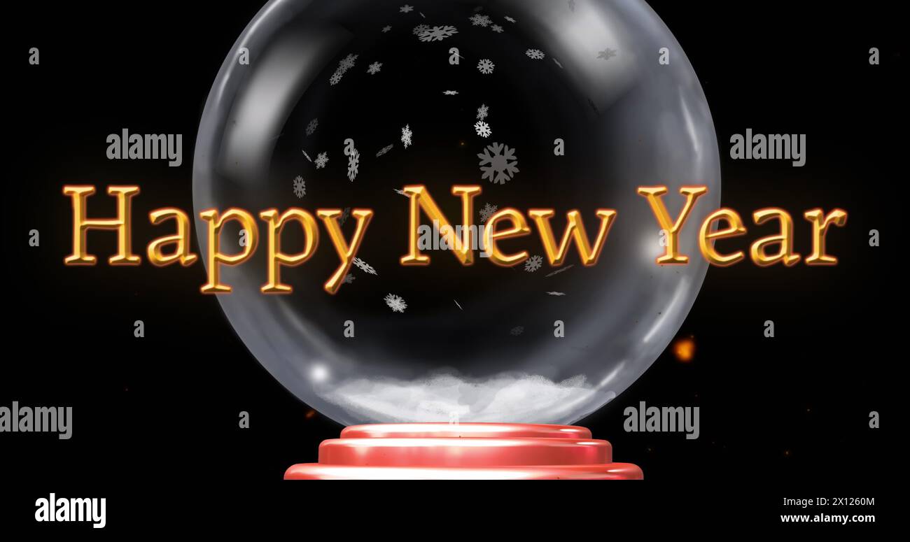 Image of happy new year text over snow globe on black background Stock ...