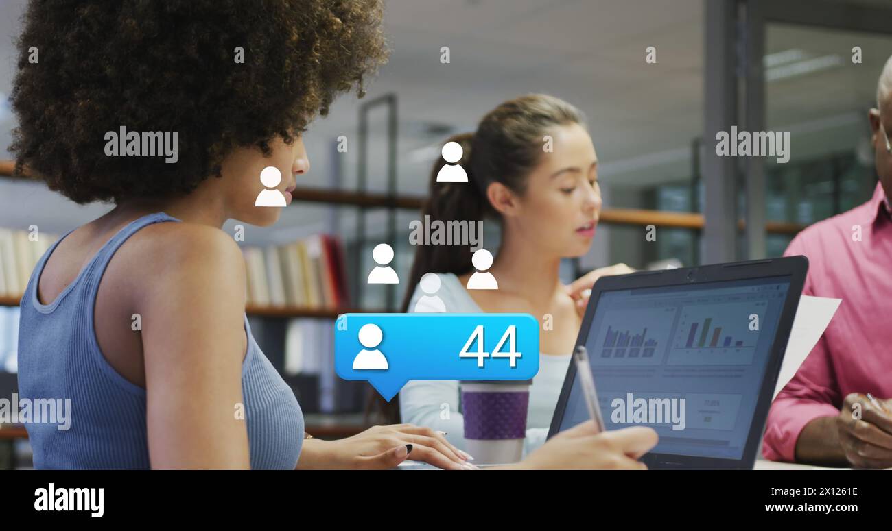 Image of social media data processing over diverse business people in ...