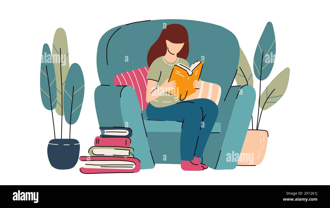 Woman reading book. Relaxed girl comfortable sitting on the armchair ...