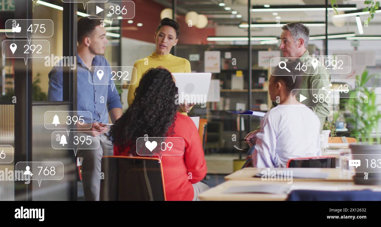 Image of multiple notification bars over diverse coworkers sharing ...