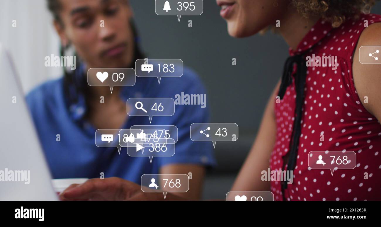 Image of notification bars over coffee cup, diverse coworkers ...