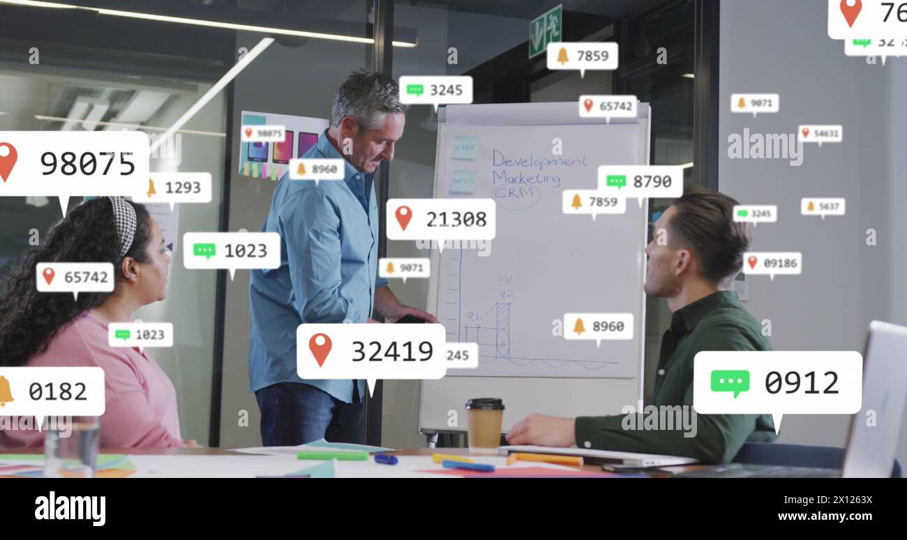 Image of notification bars over diverse manager explaining strategy to ...