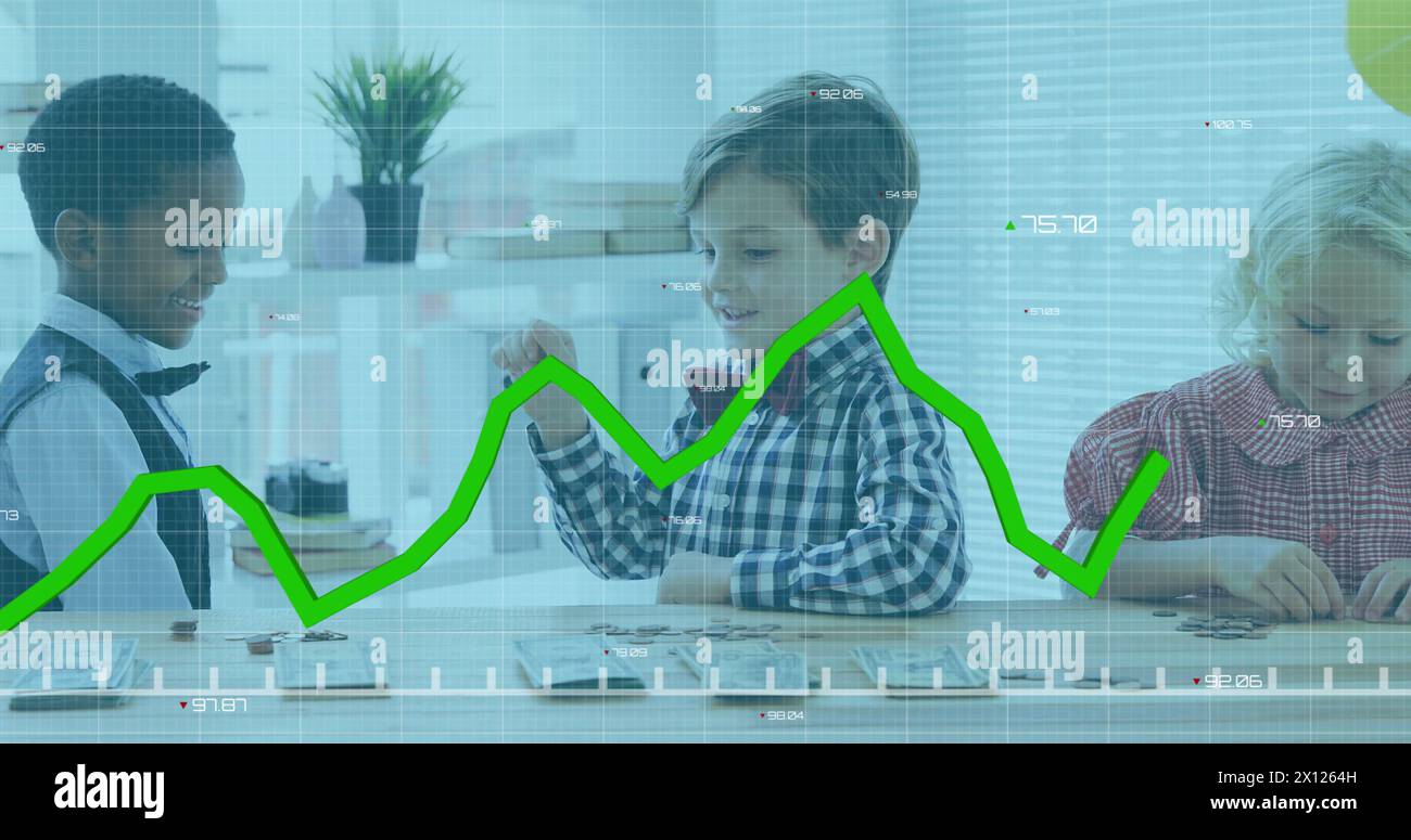 Image of graphs with changing numbers over diverse schoolboys shaking ...