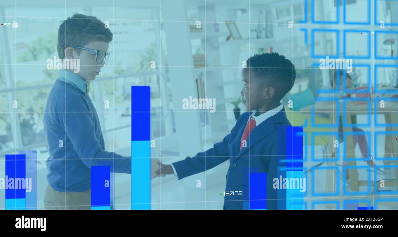 Image of graphs, changing numbers and map over schoolboys shaking hands ...
