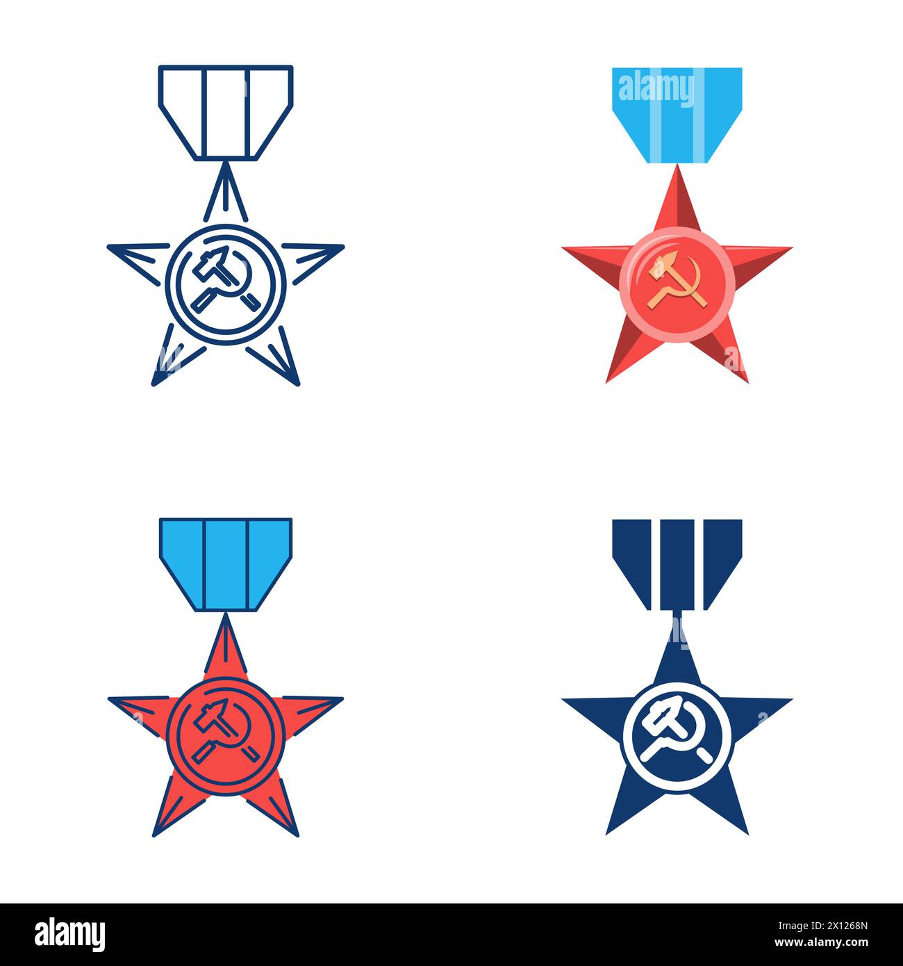 Soviet star medal icon set in flat and line style. USSR military award ...