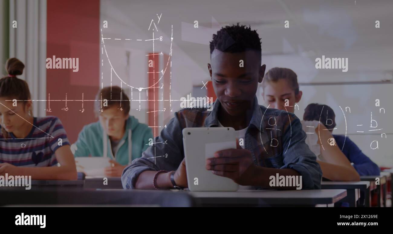 Image of math formulas moving over african american boy and class of ...