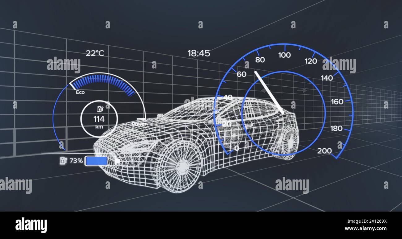 Image of speedometer over electric car project on navy background Stock ...