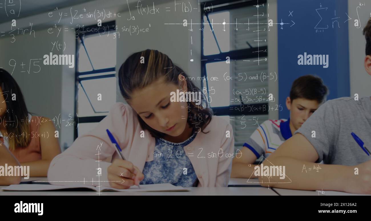 Image of math formulas moving over class of diverse pupils during ...