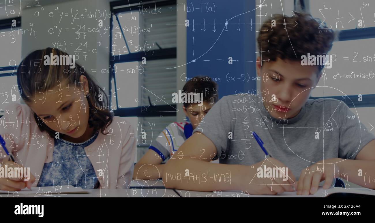 Image of math formulas moving over class of diverse pupils during ...