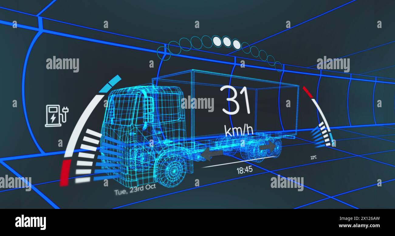 Image of speedometer over electric truck project on navy background ...