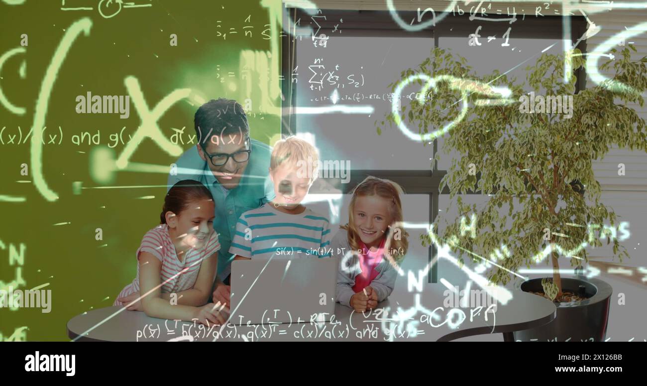 Image of math formulas moving over happy diverse pupils working on ...