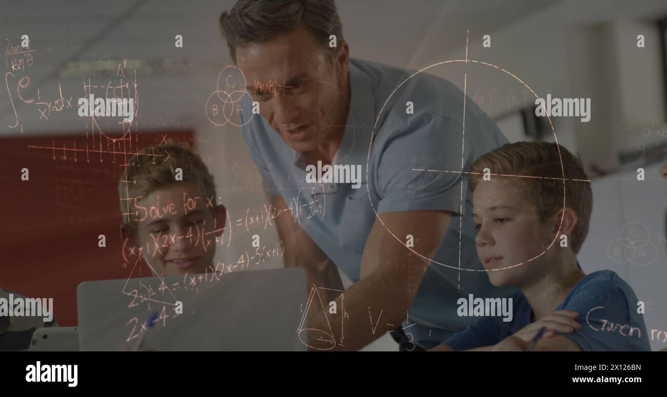 Image of math formulas moving over diverse male teacher and pupils ...