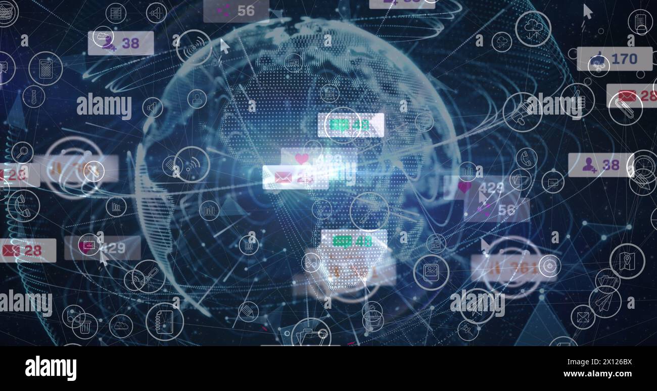 Image of globe with network of social media icons and numbers Stock ...