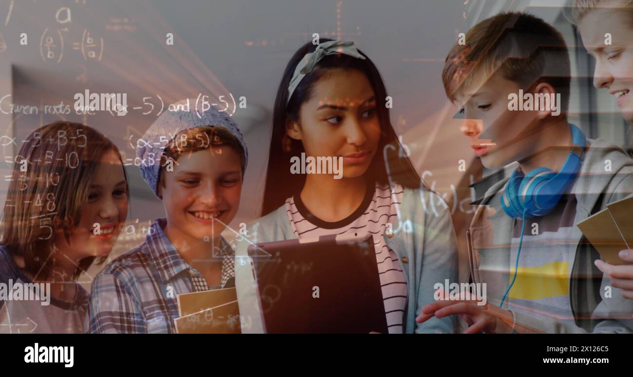 Image of math formulas moving over happy diverse pupils working on ...