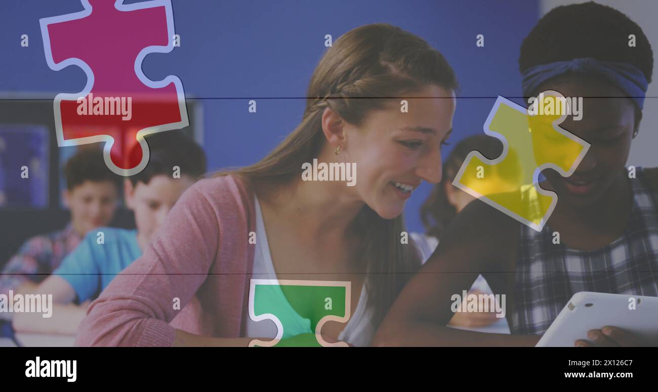 Image of puzzle over diverse students Stock Photo - Alamy