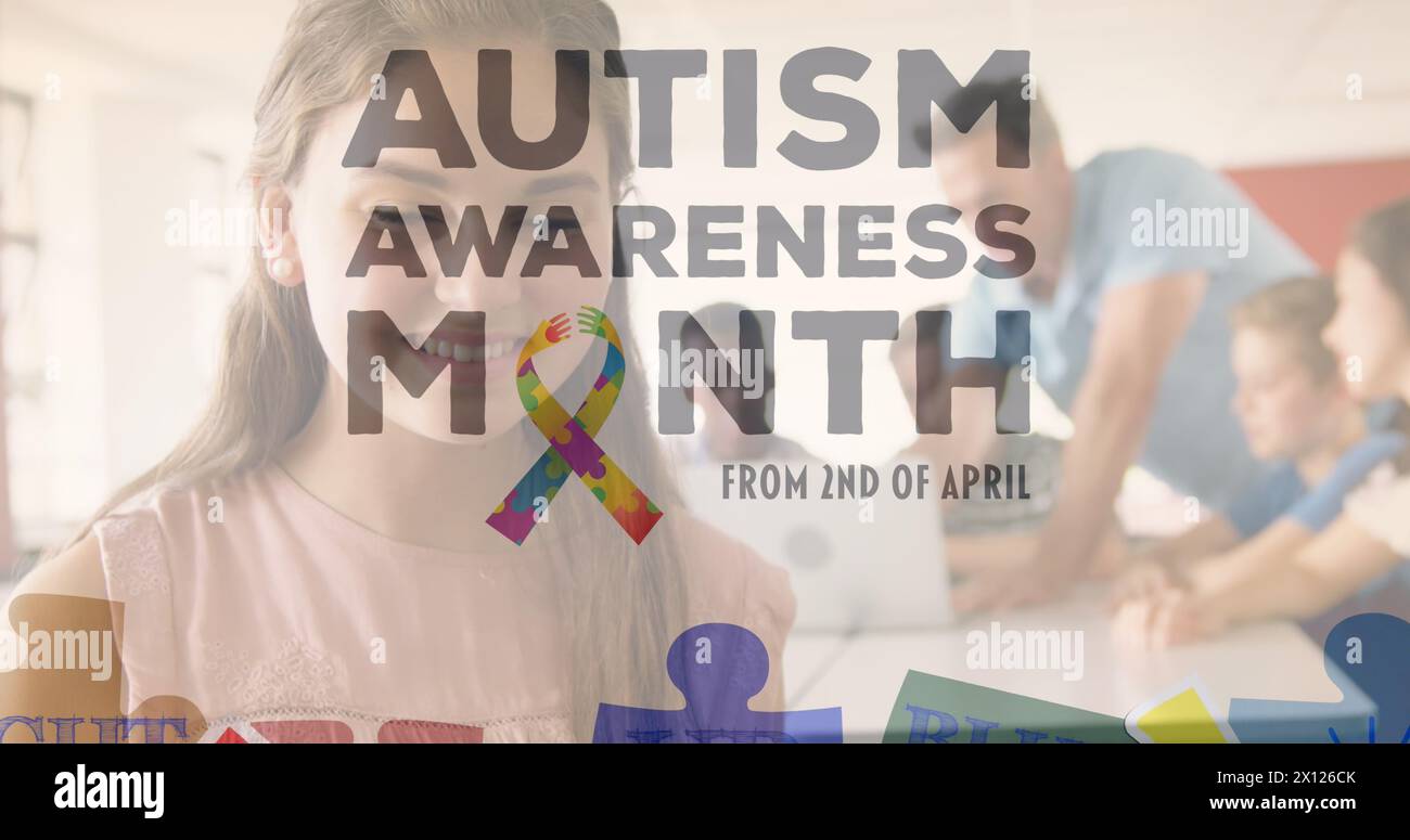 Image of autism awareness month text over diverse students Stock Photo ...